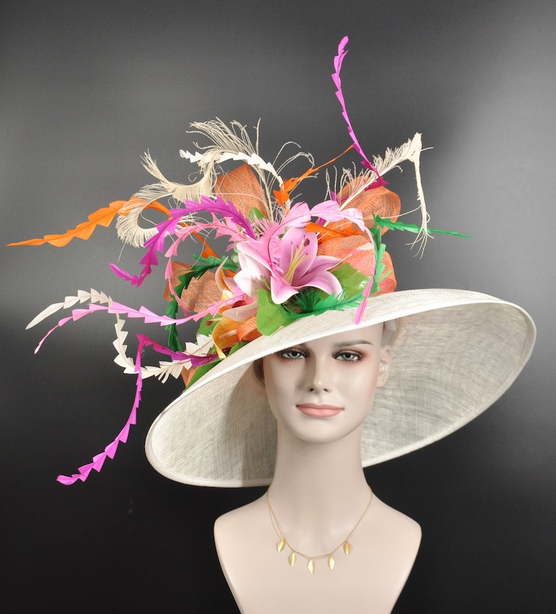 Wide Brim Sinamay Kentucky Derby Hat, Ivory W/ Pink Lily & Feather ...