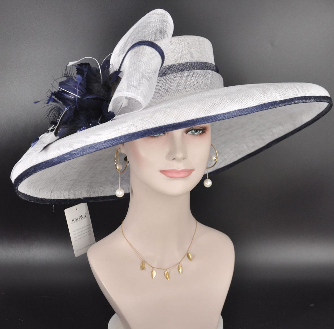 Oaks Day Hat White W Navy Blue Feather Hat, Kentucky Derby, Tea Party ...