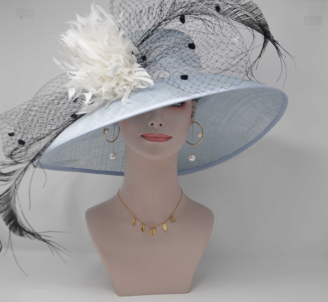 Powder Blue Sinamay Derby Hat, Wide Brim Feather Ascot Hat - Etsy