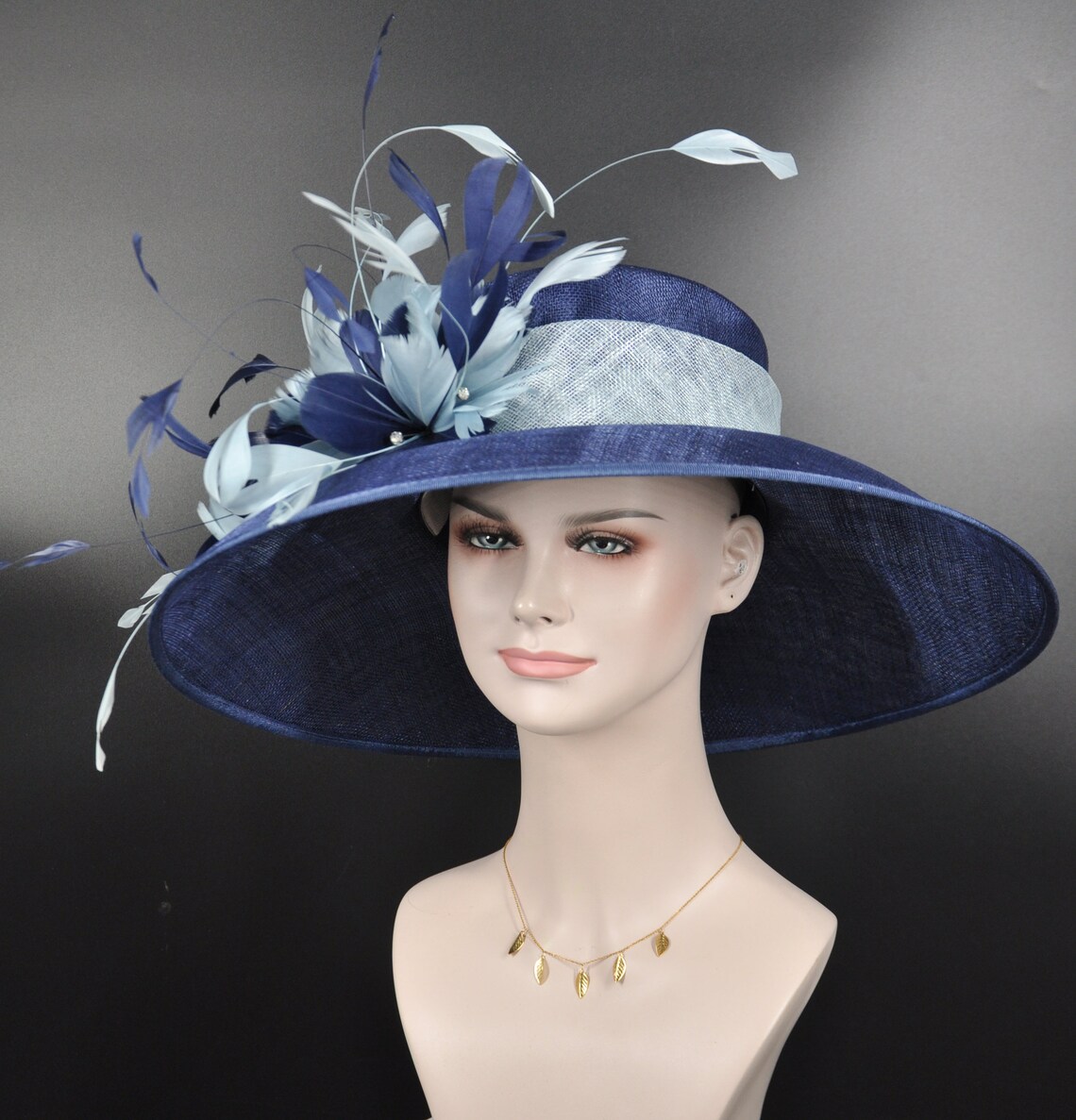Navy Blue Sinamay Derby Hat: Feather Flowers, Wide Brim Ascot Hat - Etsy