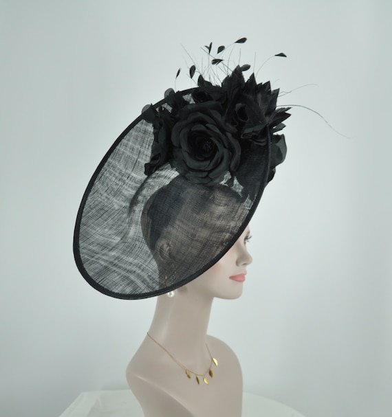 Black Sinamay Disc Fascinator Hat With Jumbo Silk and Feather - Etsy