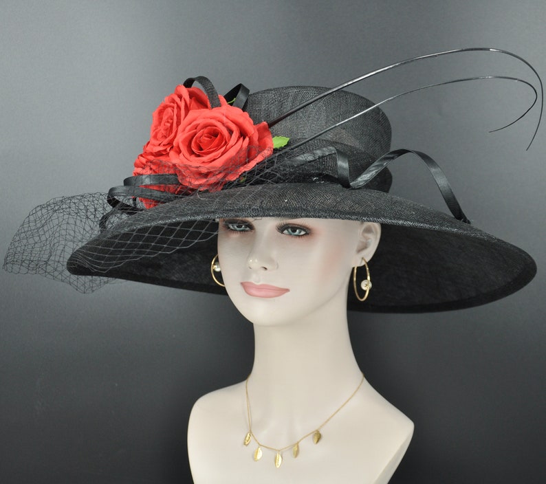 Black Red Rose Wide Brim Sinamay Hat for Kentucky Derby,ascot Royal ...