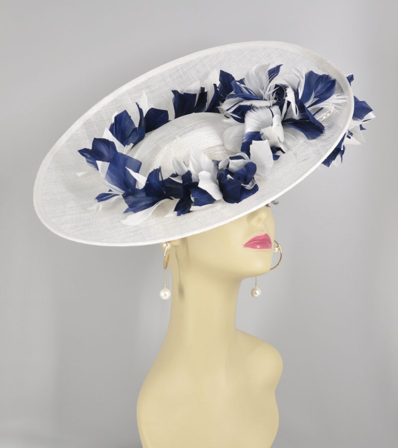 White W Navy Blue Sinamay Disc Fascinator Hat With Jumbo - Etsy