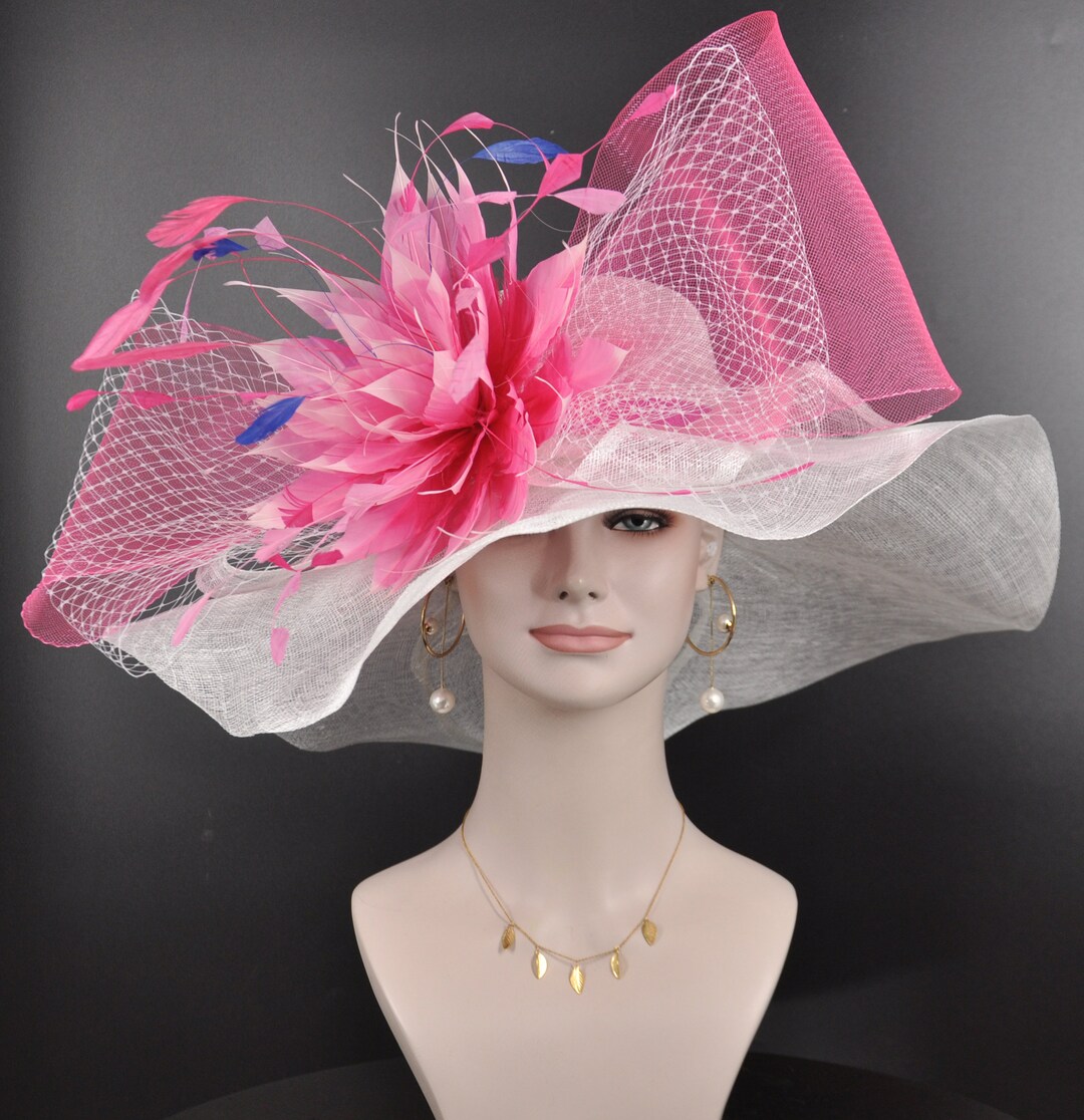 White W Hot Pink Light Pink Fuchsia Feather Flower Kentucky Derby Hat ...