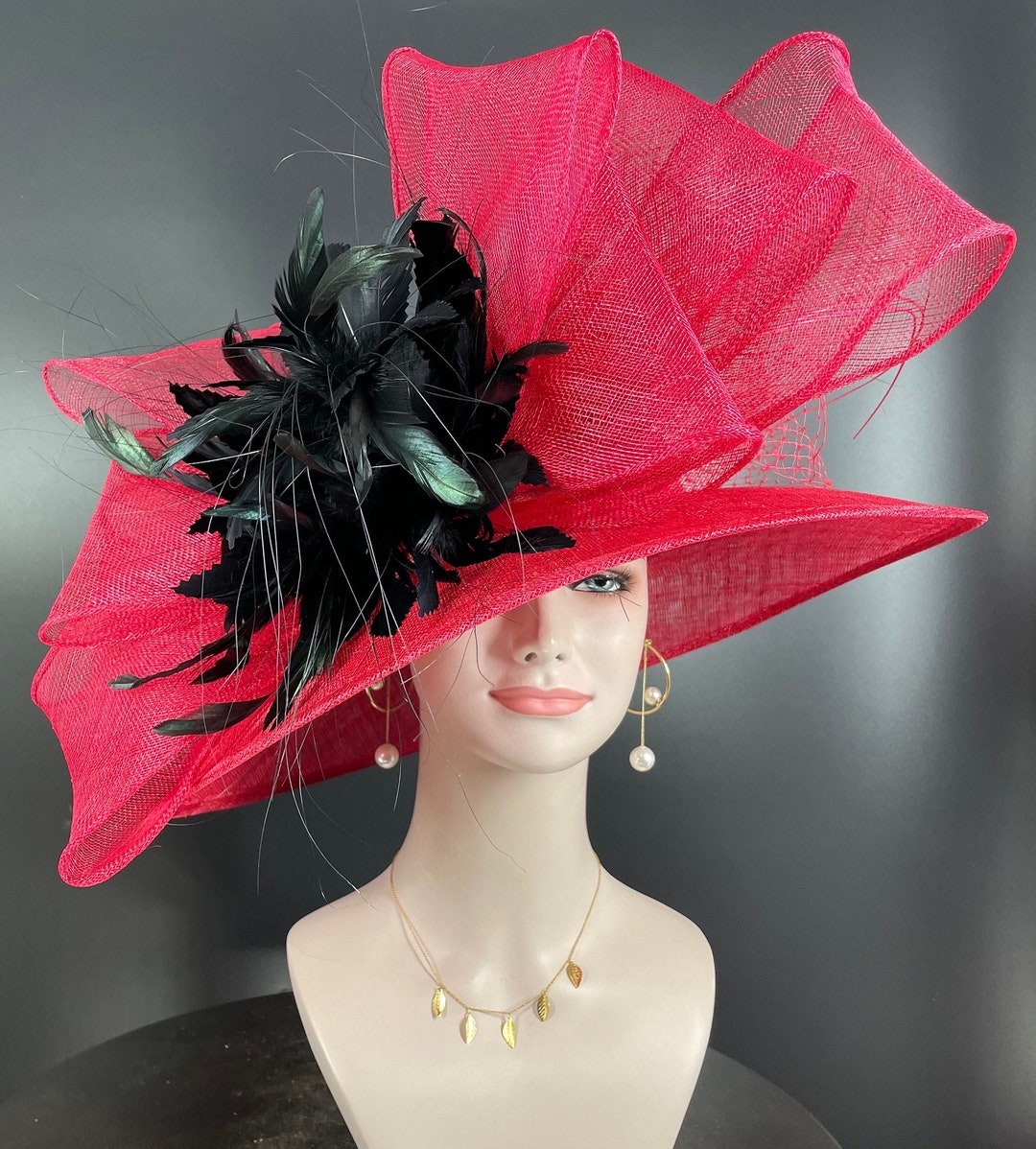 Red W Black Wide Brim Sinamay Hat Church Kentucky Derby Hat Carriage ...