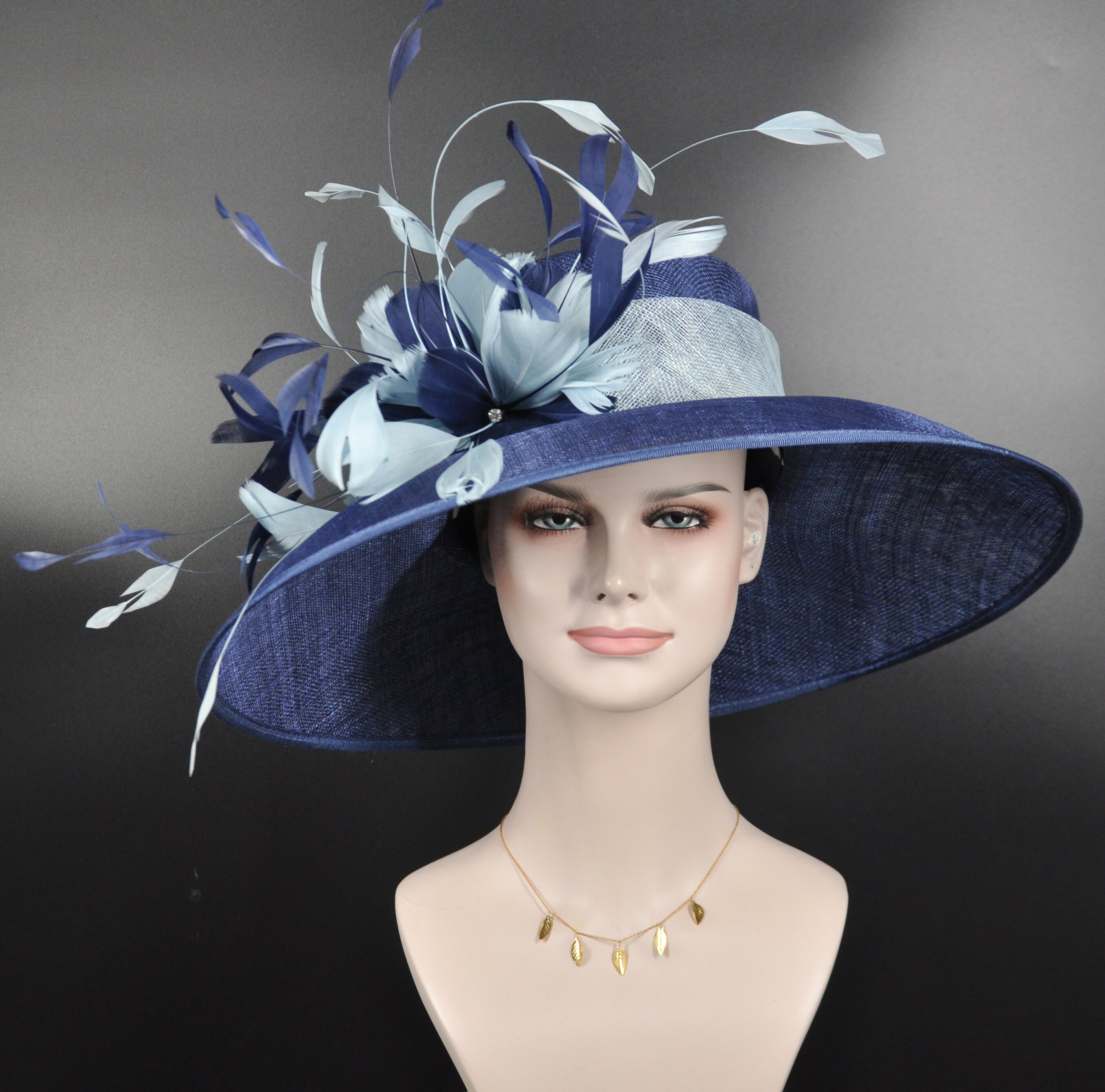Navy Blue Sinamay Derby Hat: Feather Flowers, Wide Brim Ascot Hat - Etsy