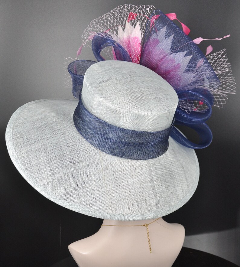 Powder Blue, Fuchsia Flower Wide Brim Kentucky Derby Hat, Ascot Hat for ...