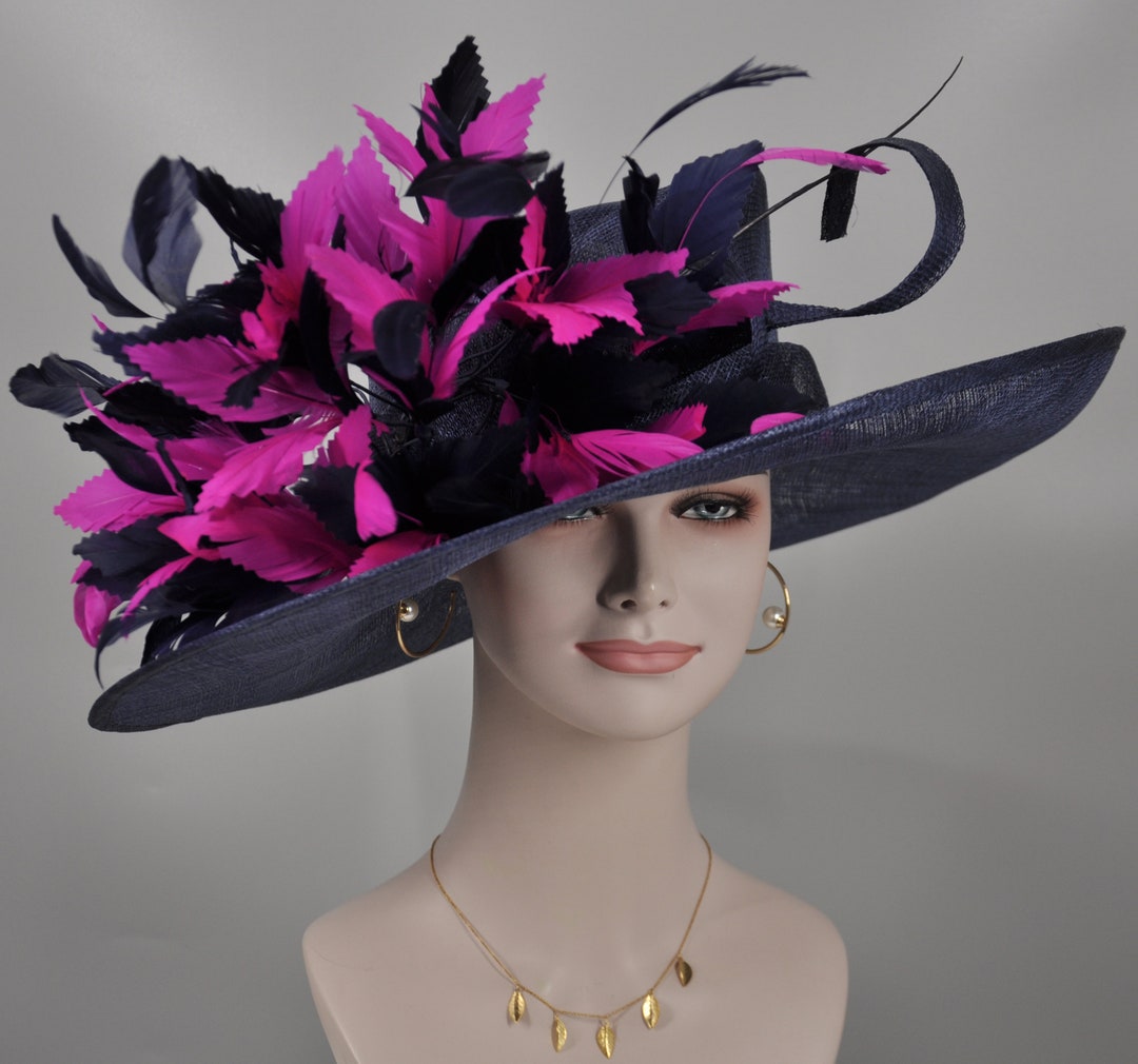 Navy Blue With Hot Pink /fuchsia Wide Brim Sinamay Hat Kentucky Derby ...