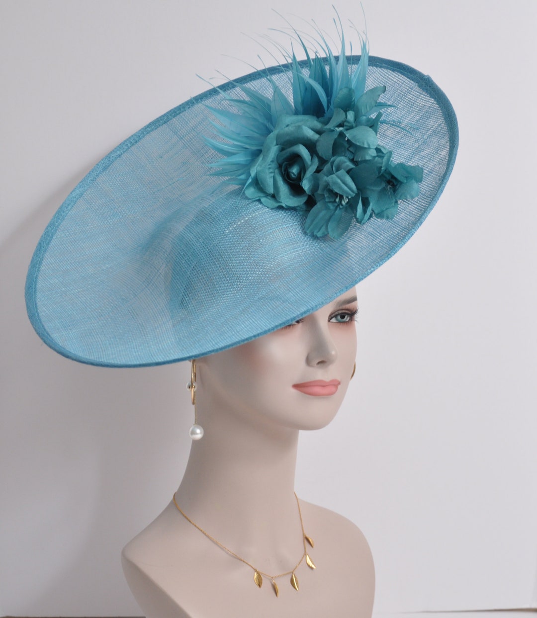 Aqua Sinamay Disc Fascinator Hat With Same Color Handmade Silk Flowers ...
