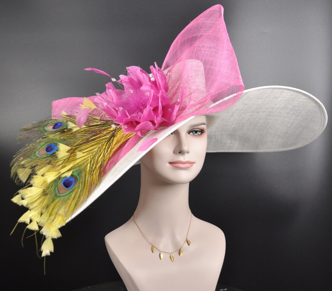 White +hot Pink Yellow Royal Ascot Horse Race Oaks Day Hat Carriage Tea ...