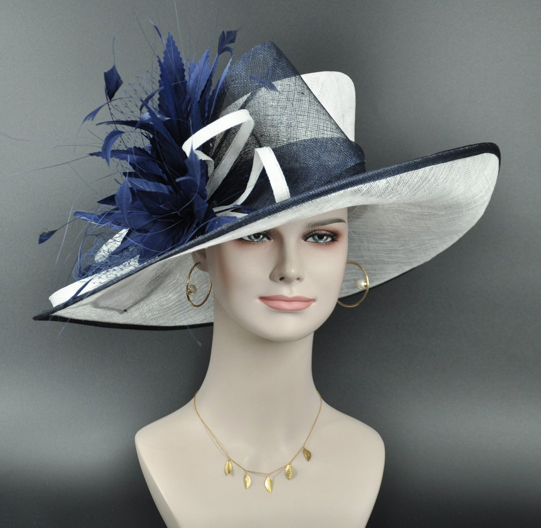 White W Navy Blue Feather Flower Kentucky Derby Hat Tea Party Carriage ...