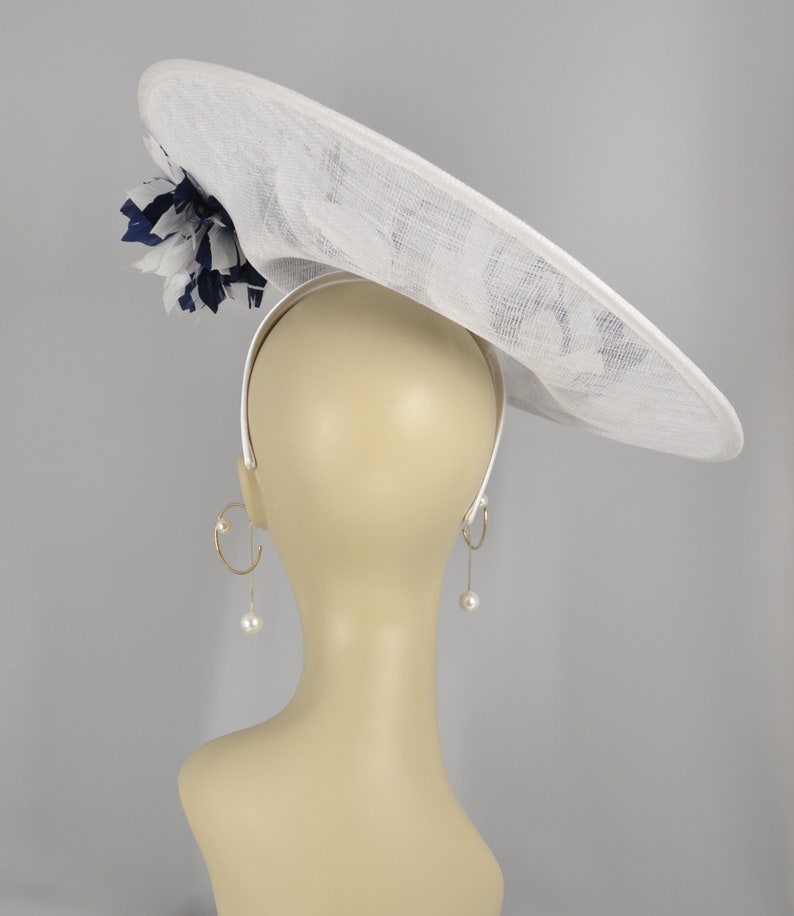White W Navy Blue Sinamay Disc Fascinator Hat With Jumbo - Etsy
