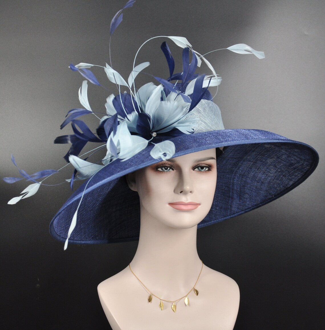 Navy Blue Sinamay Derby Hat: Feather Flowers, Wide Brim Ascot Hat - Etsy
