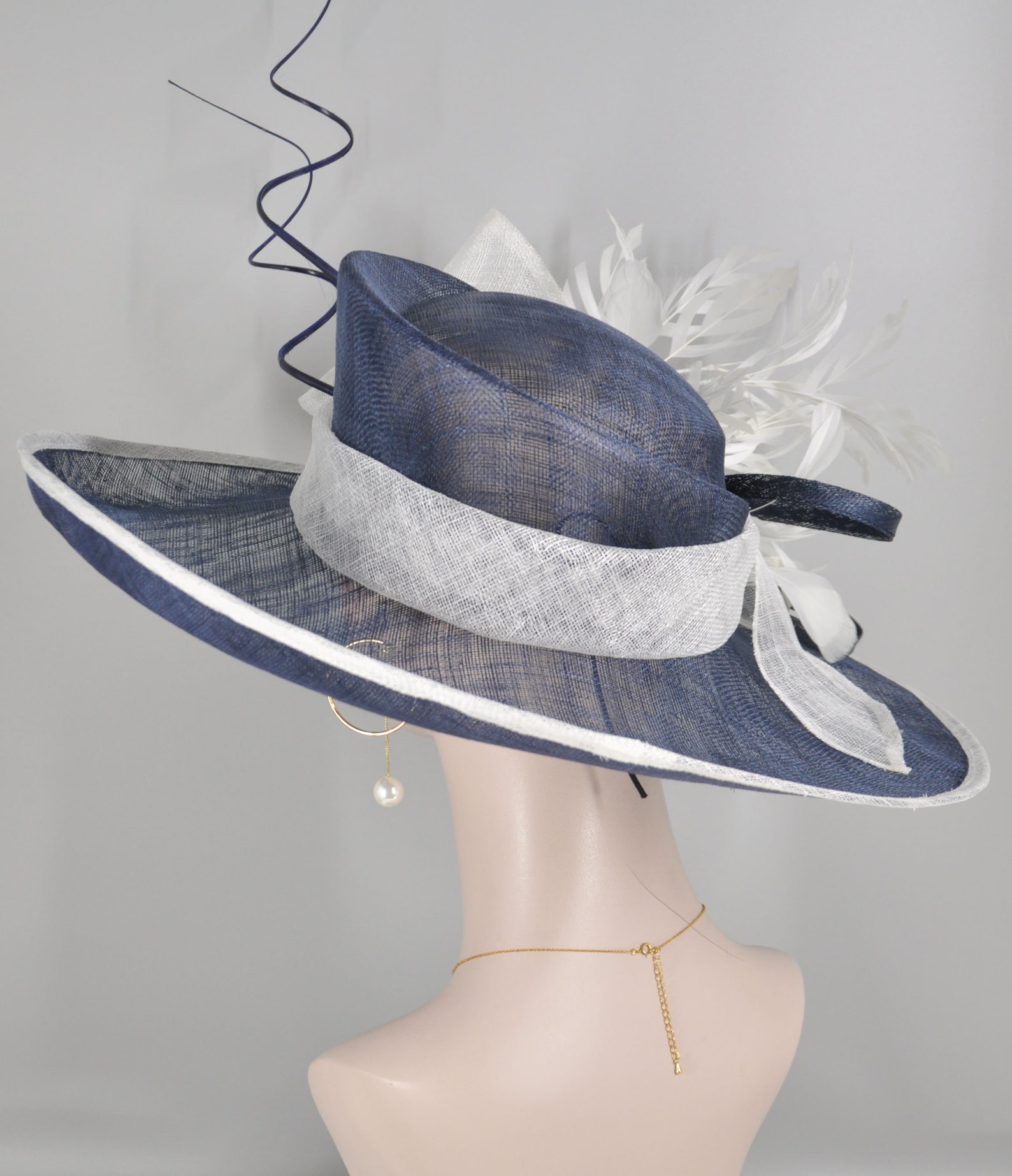 Navy Blue W White Feather Flower Wide Brim Sinamay Kentucky - Etsy