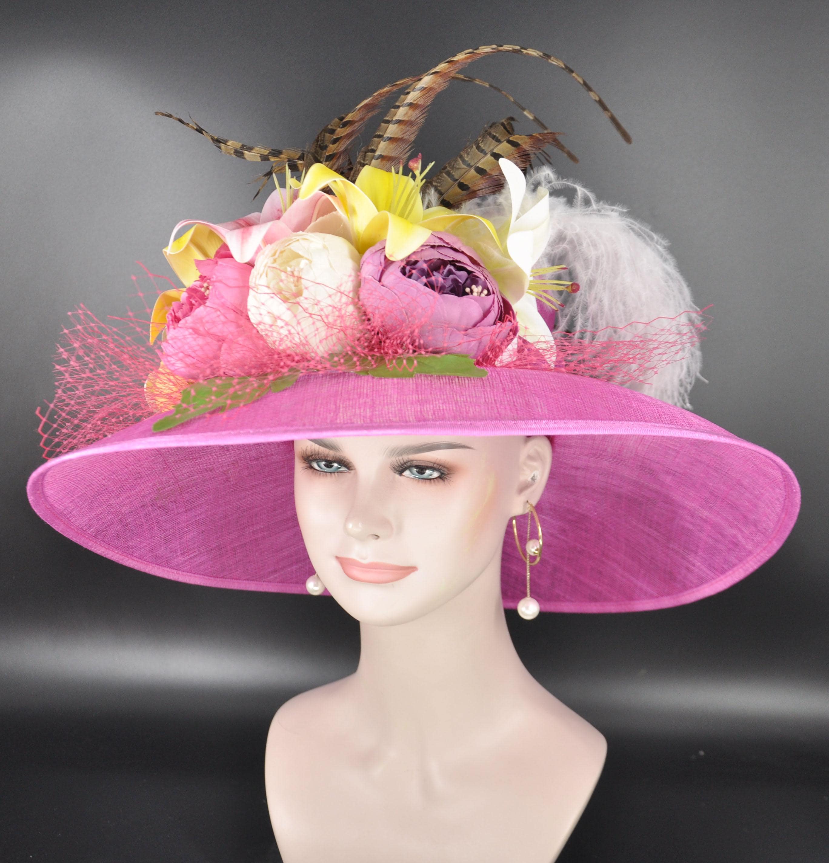 Fuchsia Pink Flower Styles Wide Brim Kentucky Derby Hat, Ascot Hat for ...