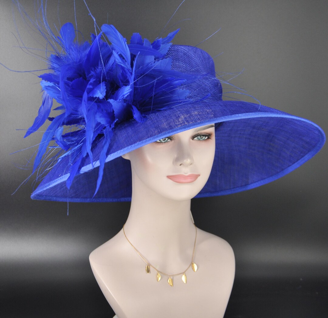 Royal Blue Derby Hat: Feather Flowers, Wide Brim Sinamay - Etsy