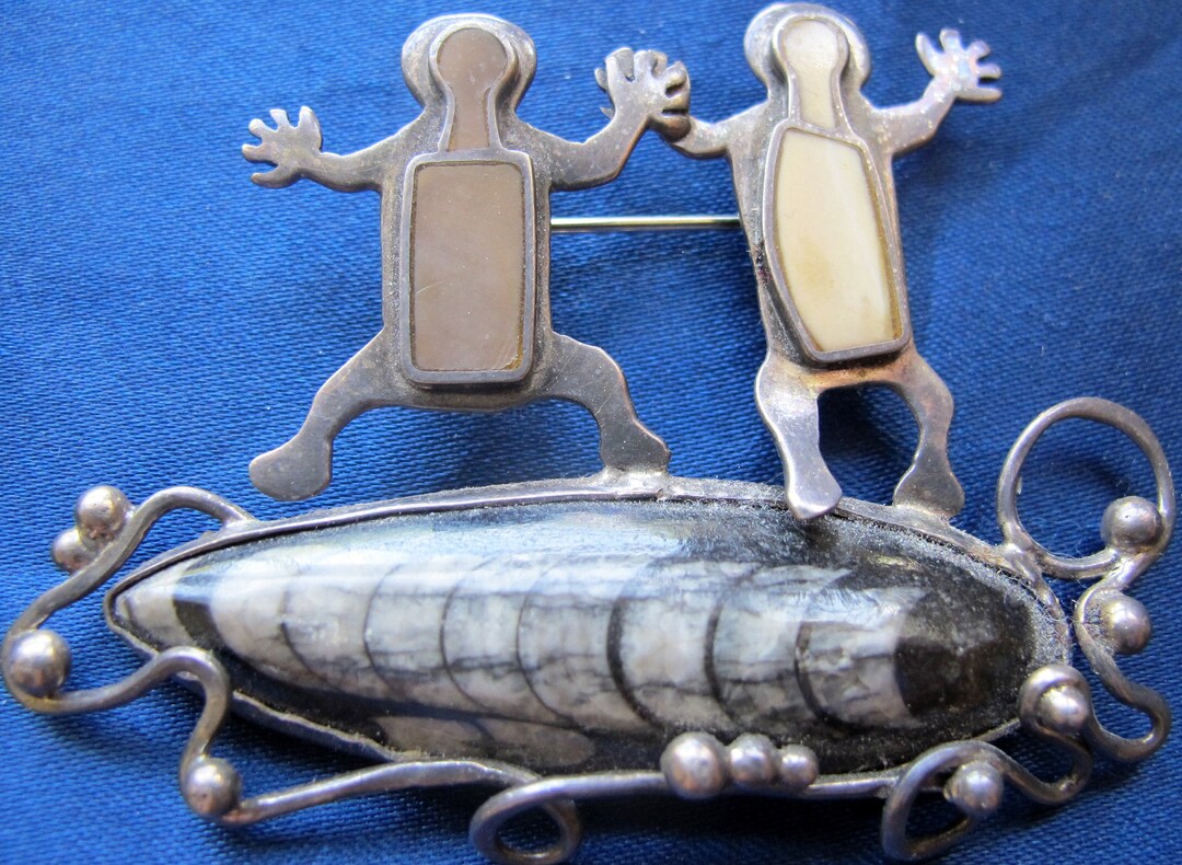 Whimsical Sterling and Stone Fossil BIG Fish Pin Brooch 22 Grams Signed ...