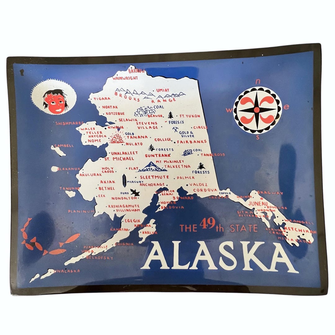 Vintage Souvenir Tray Depicting a Map of Alaska, Labeled as "the 49th ...