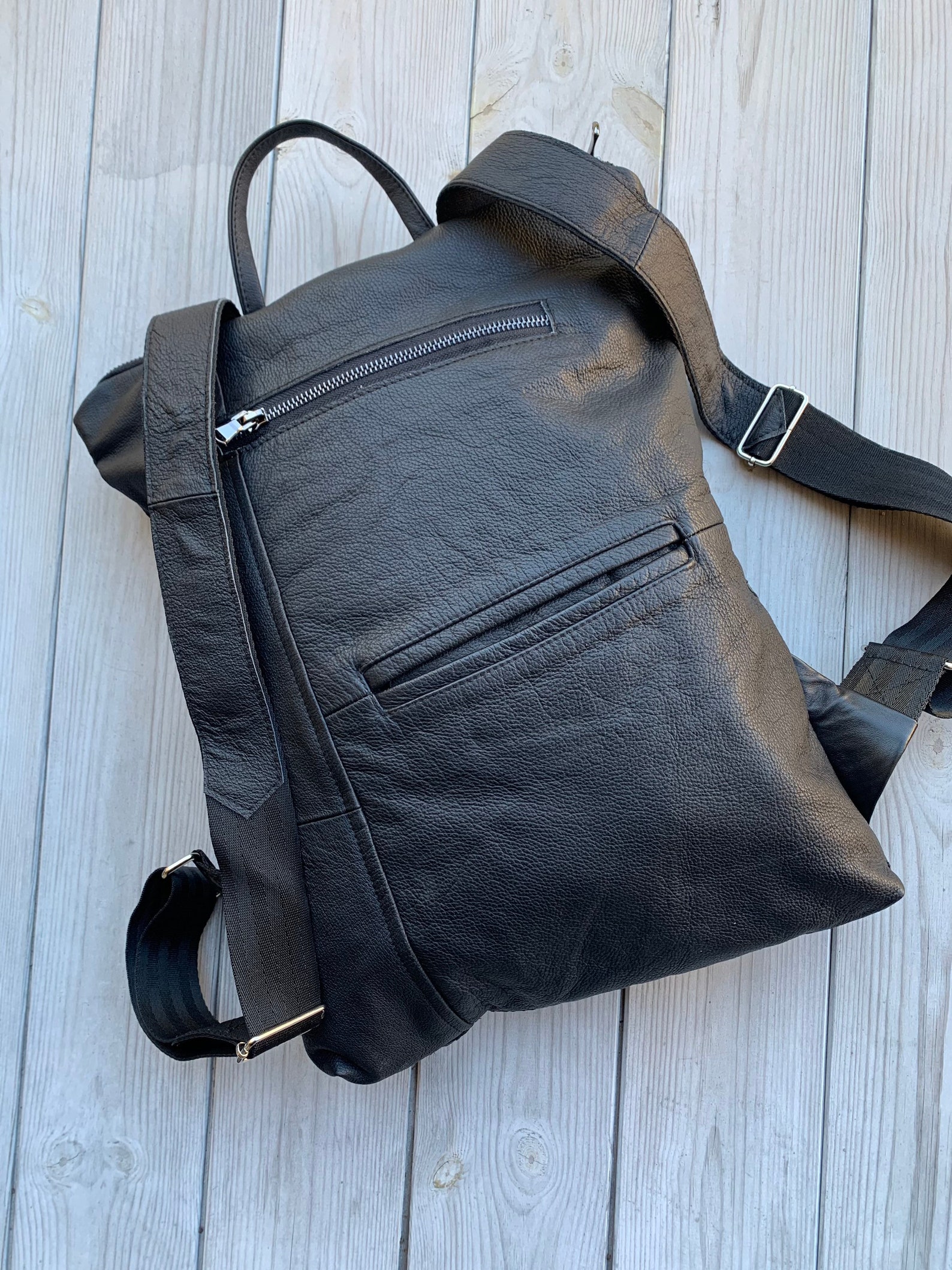 Slouchy Black Leather Backpack Women Black Backpack Wife | Etsy