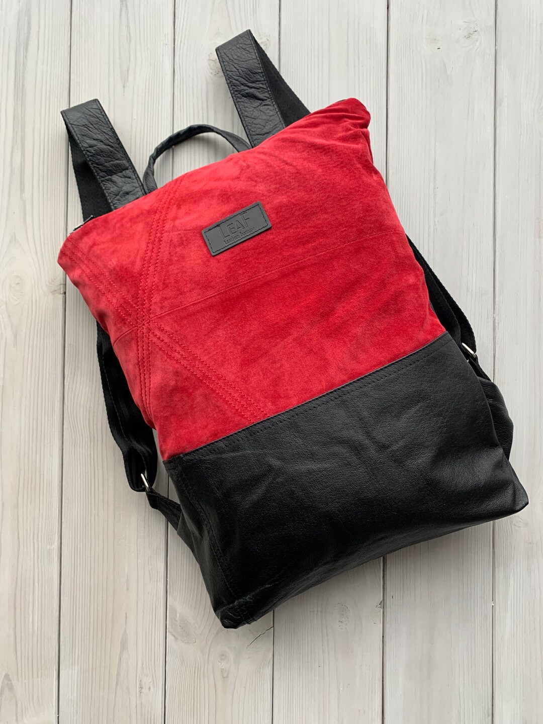 Red Leather Backpack Recycled Leather Backpack Minimalist - Etsy