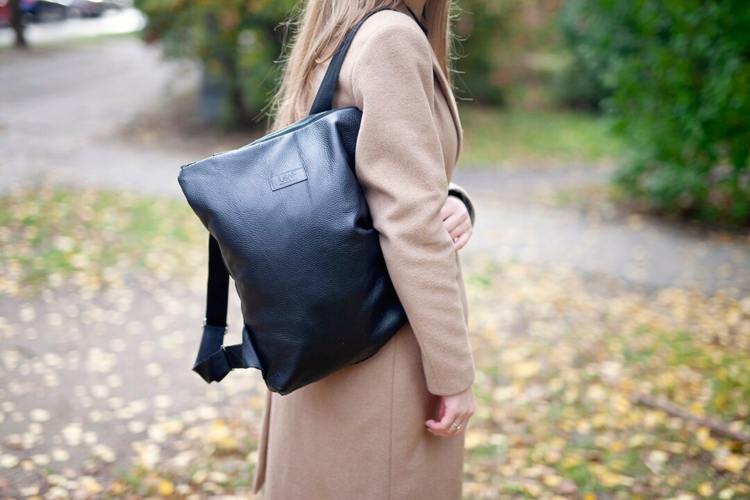 Slouchy Black Leather Backpack, Women Black Backpack, Wife Gift ...