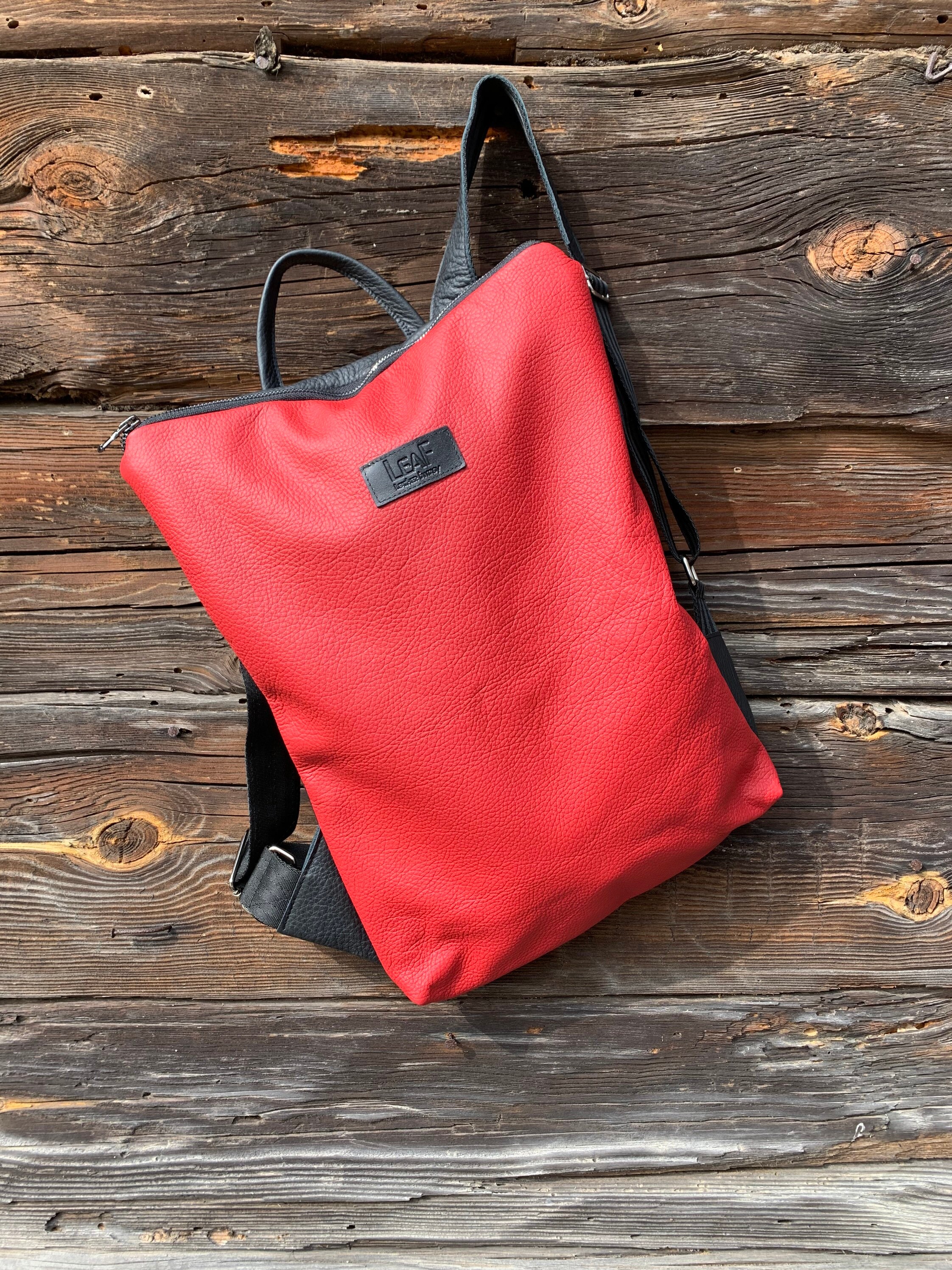 Red Leather Backpack Recycled Leather Backpack Minimalist | Etsy