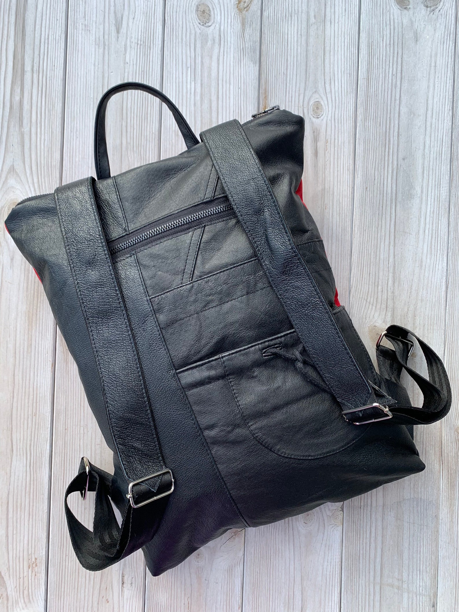 Red Leather Backpack Recycled Leather Backpack Minimalist - Etsy