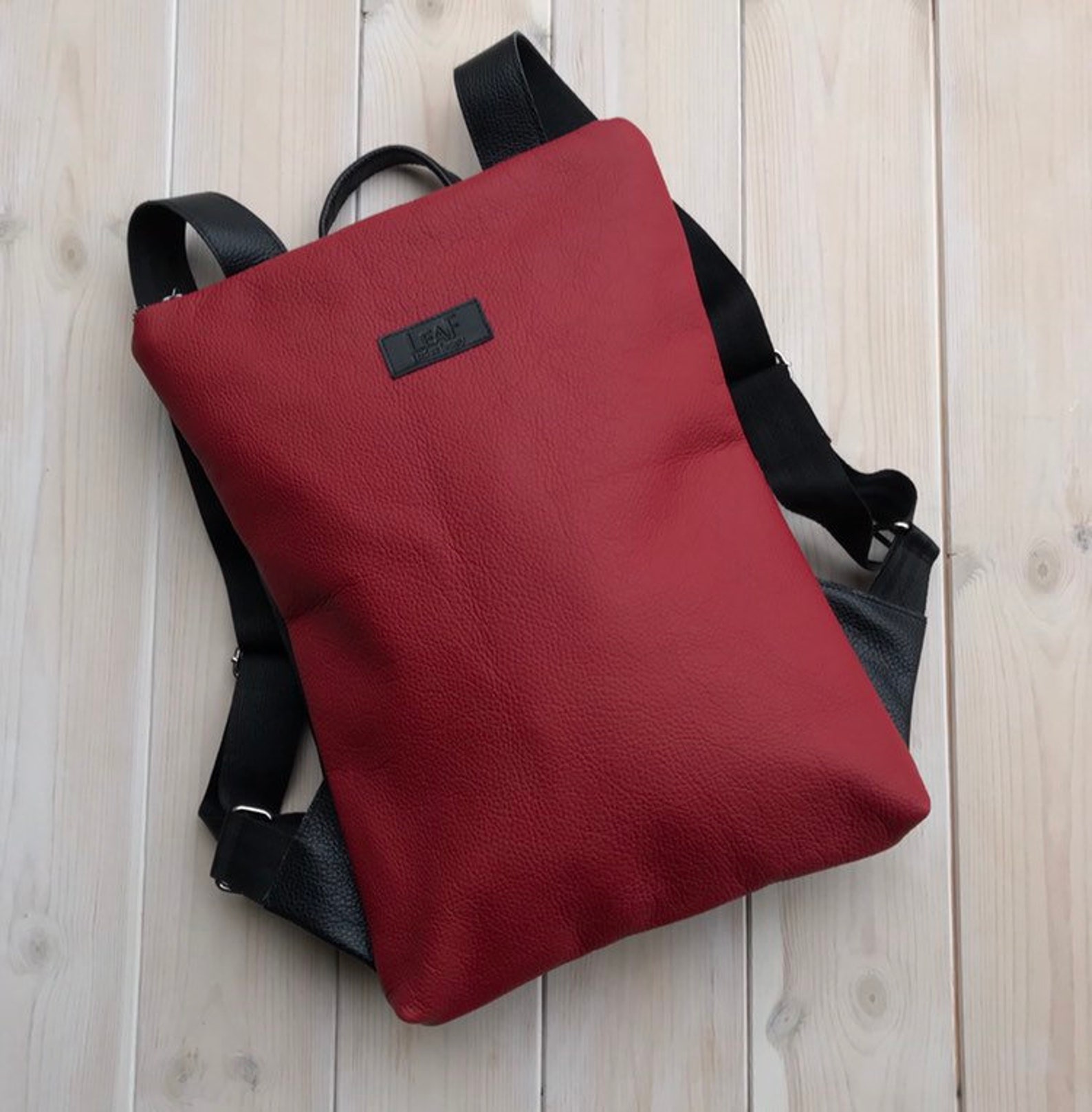 Red Leather Backpack Recycled Leather Backpack Minimalist | Etsy