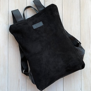 Black Suede Leather Backpack, Convertible Backpack, Black Suede ...