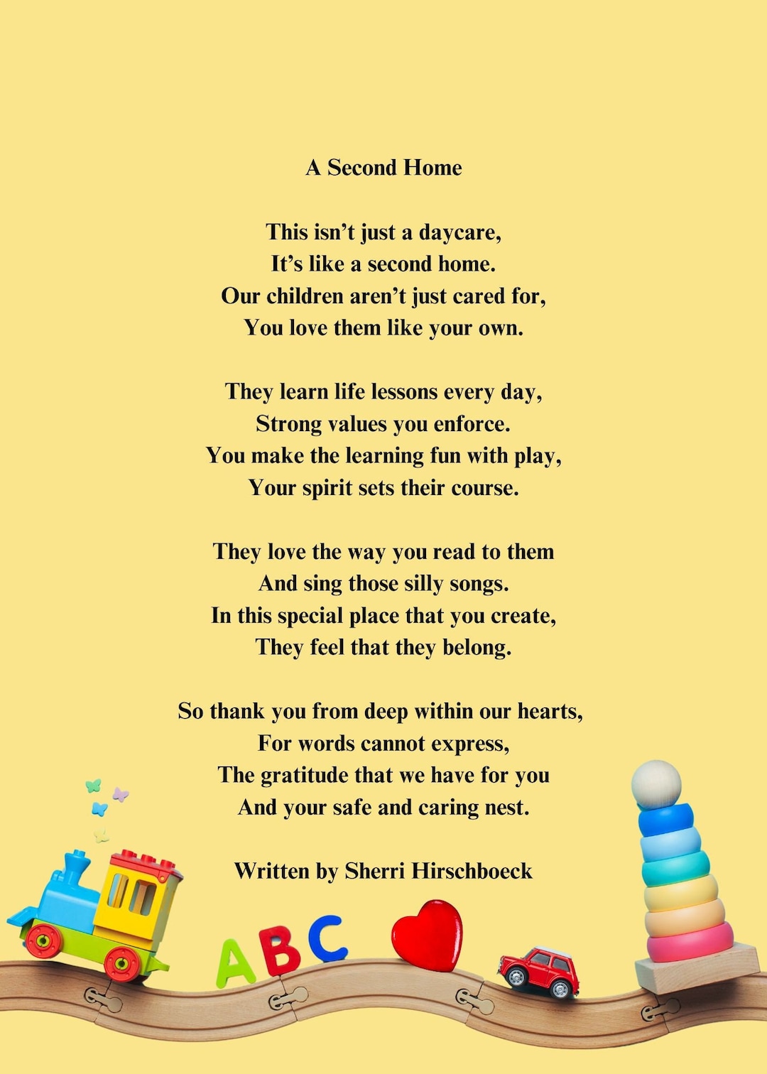 A Second Home Poem for Daycare Providers, 5" X 7" Poetry Printable ...
