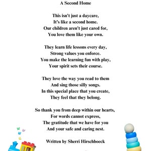 A Second Home Poem for Daycare Providers, 4" X 6" Poetry Printable ...