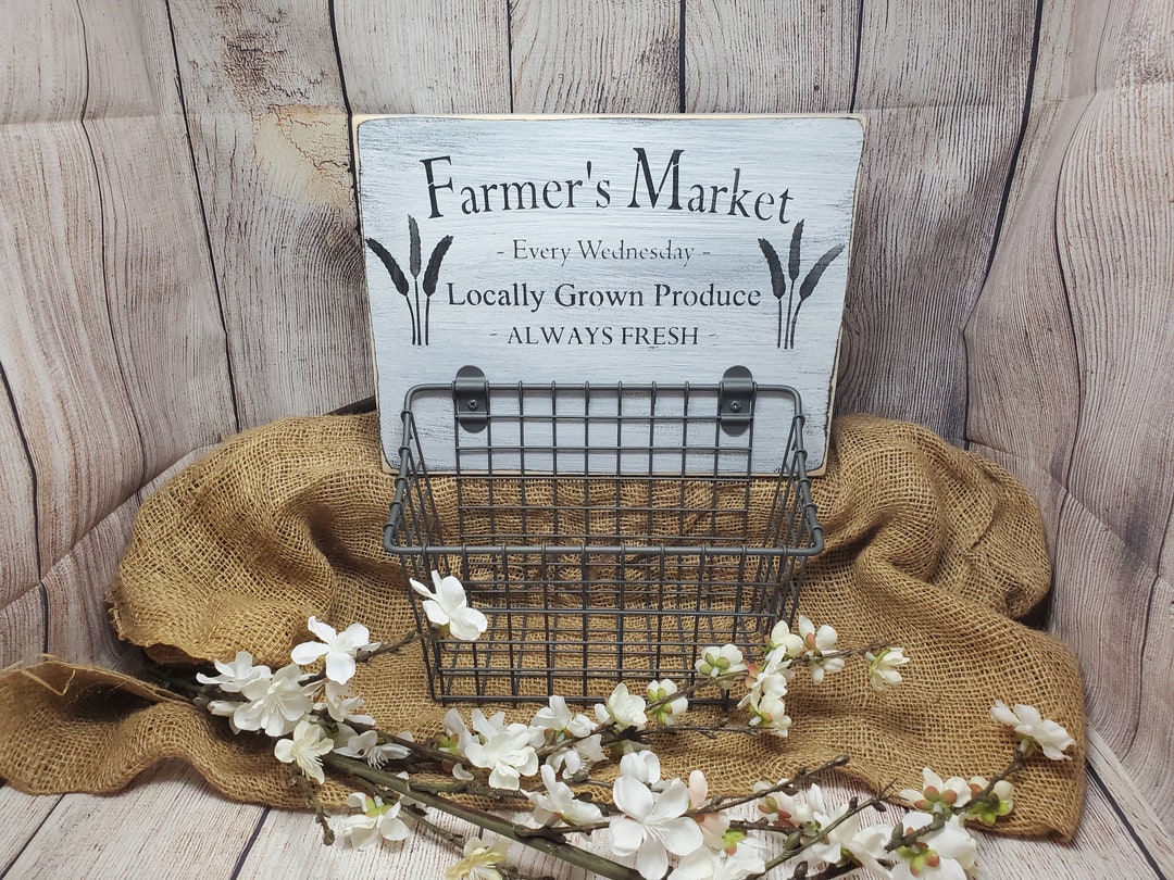 Farmers Market Wood Sign With Wire Basket: Rustic Country Decor - Etsy