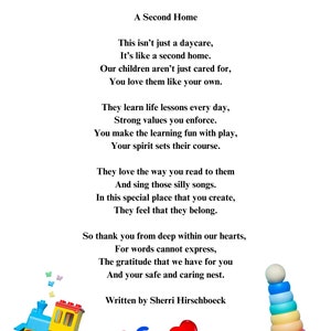 A Second Home Poem for Daycare Providers, 5" X 7" Poetry Printable ...