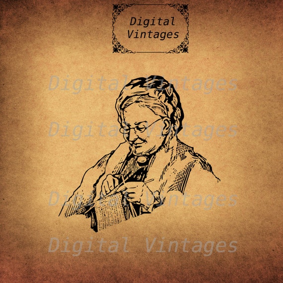 Old Woman Knitting Illustration Vintage Antique Digital | Etsy