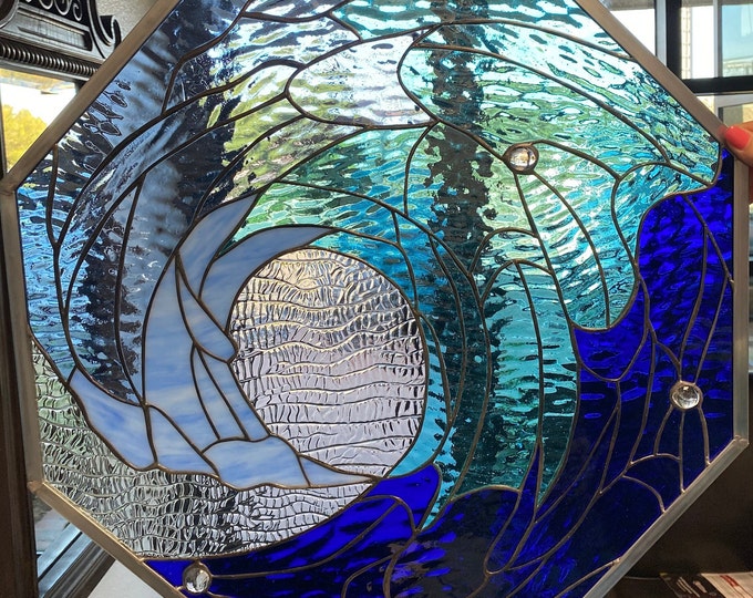 Octagon Ocean Wave Leaded Stained Glass Window Panel - Blue Room Stain ...