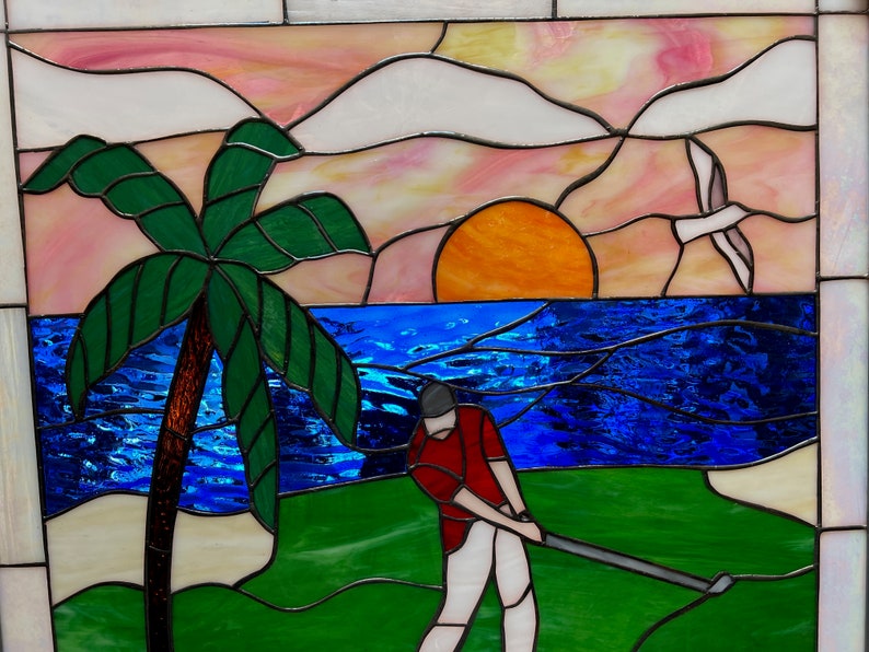 Pebble Beach Golfer Leaded Stained Glass Window Panel, Hangings - Golf ...