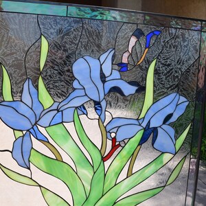Blue Iris, Butterfly Stained Glass Window Panel - Flower Glass Art Home ...