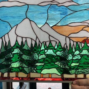Sunset, Pine Trees, & Snowy Mountains Stained Glass Window ...