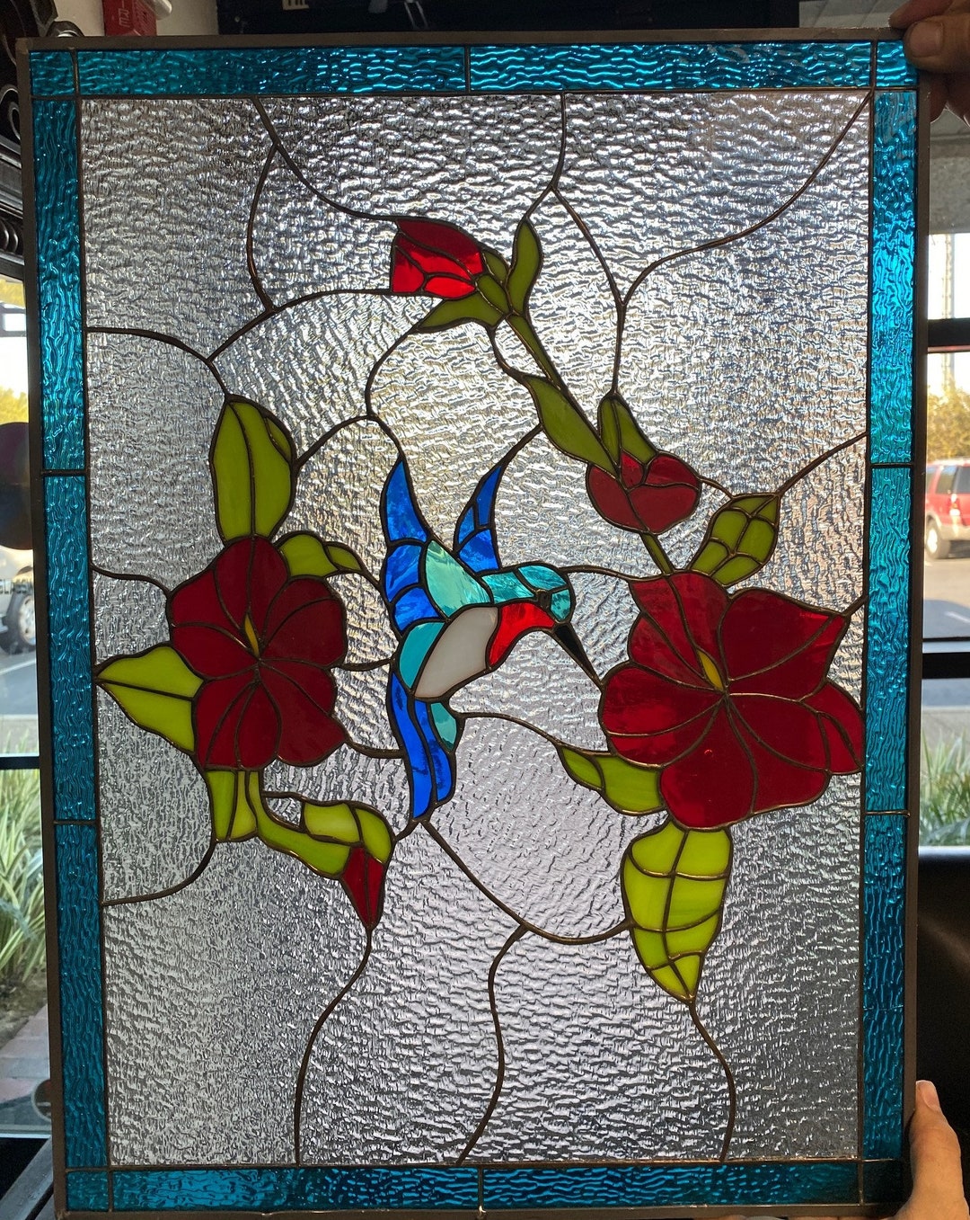 Hummingbird & Red Hibiscus Stained Glass Window Panel, Hangings - Bird ...