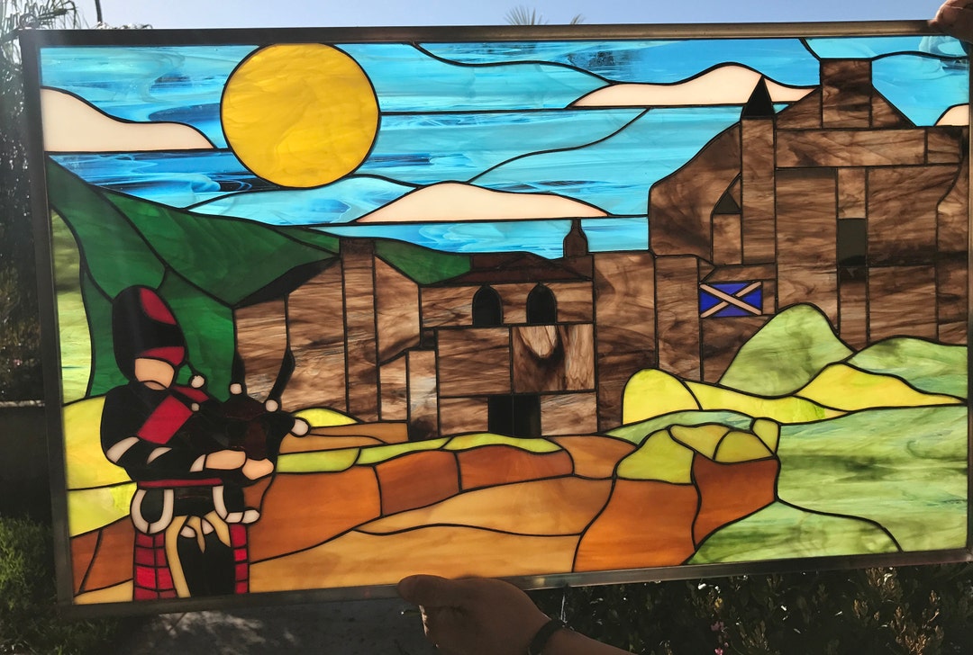 Scottish Bagpiper Castle Stained Glass Window Panel, Hangings ...