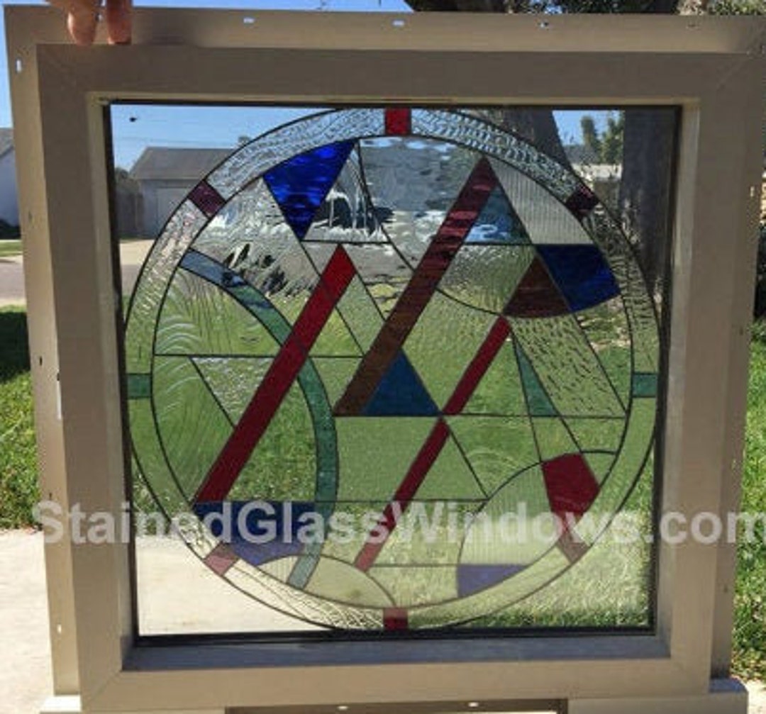 Abstract Stained Glass Window Panel With Frame - White or Tan Vinyl ...