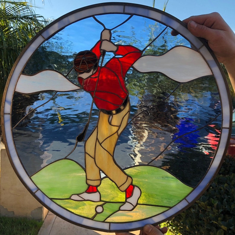 Golfer Leaded Stained Glass Window Panel Hangings Golf | Etsy