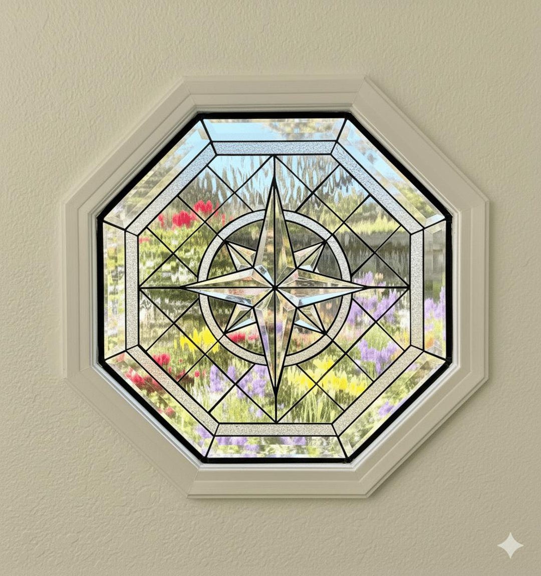 Octagon Compass Rose Beveled Stained Glass Window Panel Insulated & Pre ...