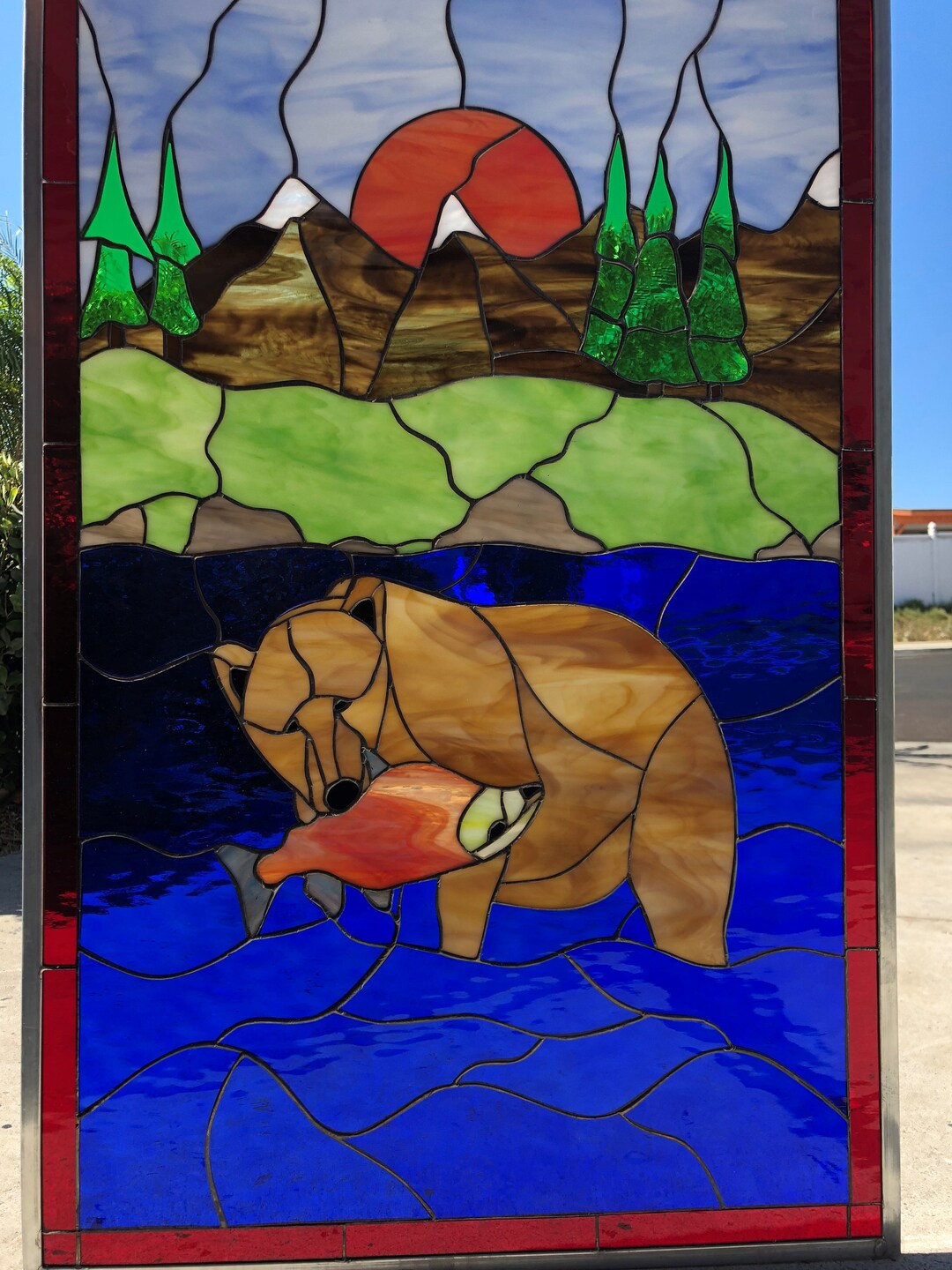 Bear Catching A Humpy Salmon Fish in Alaska Stained Glass Window Panel ...