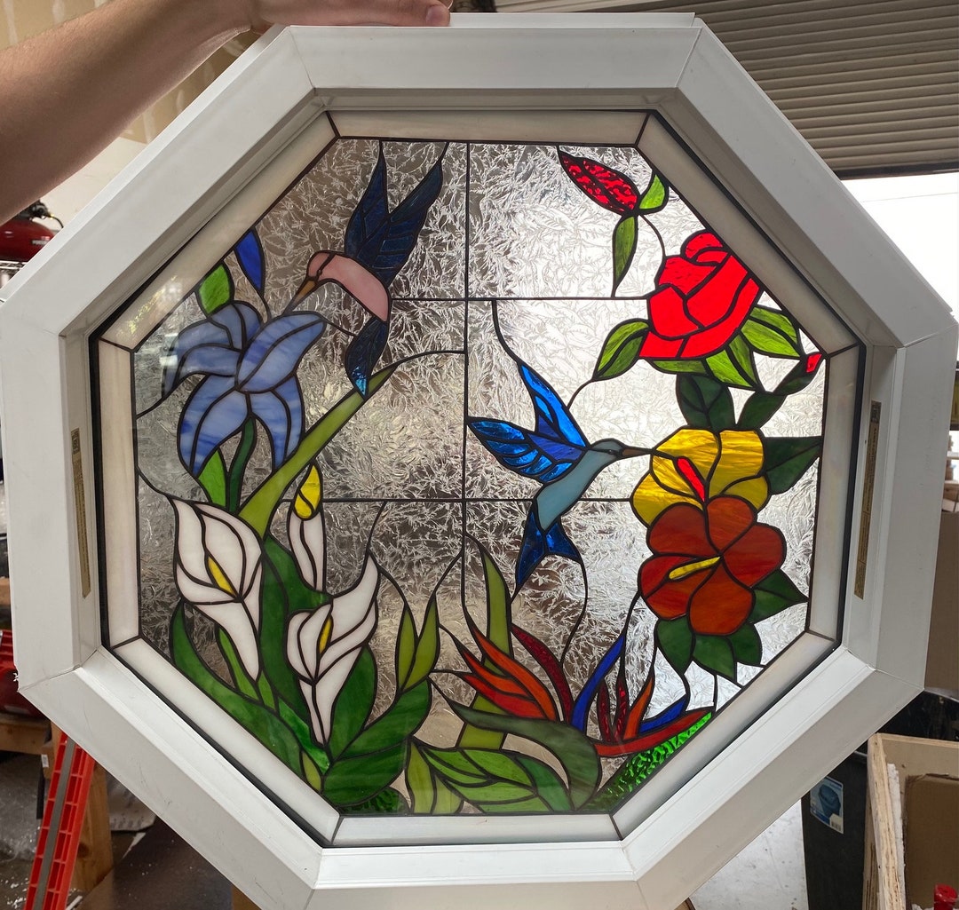 Octagonal Hummingbird Paradise Stained Glass Window Insert Panel ...