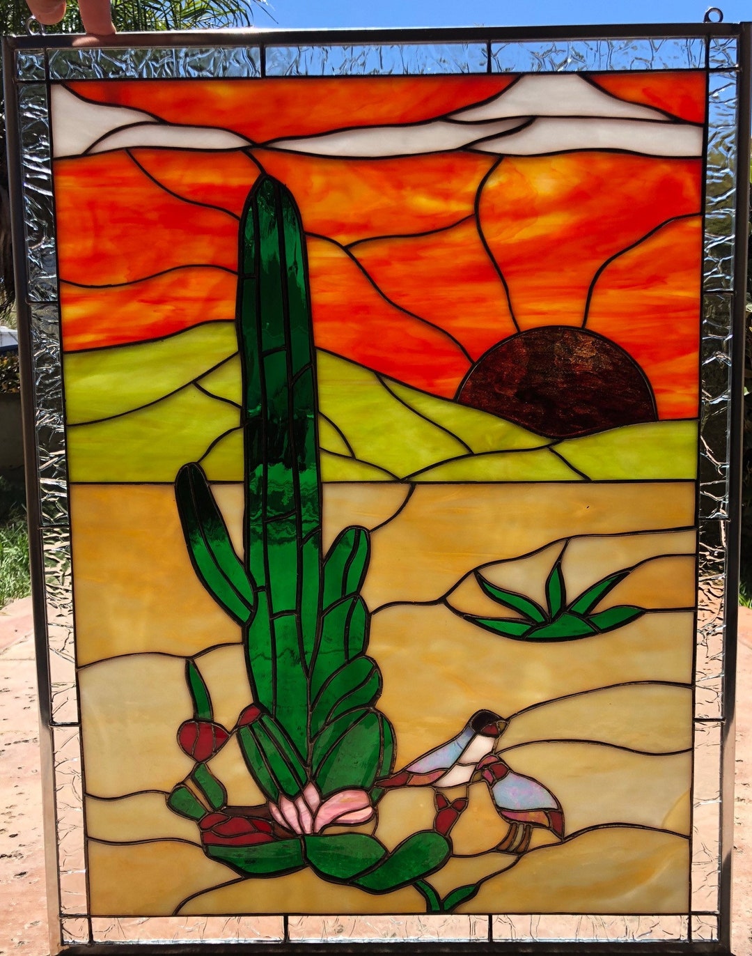 Cactus Stained Glass Panel - Desert Quail Bird Sun - Window, Hangings ...