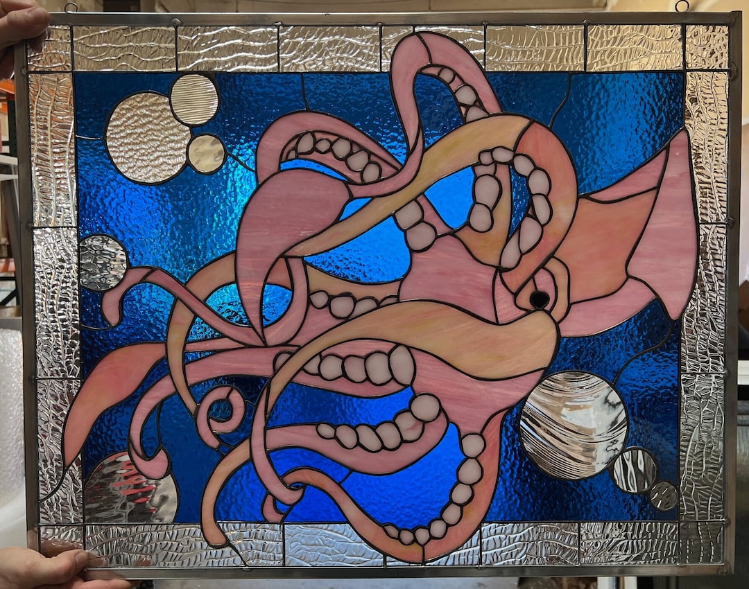 Incredible Squid & Bubbles Leaded Stained Glass Window Panel - Ocean ...