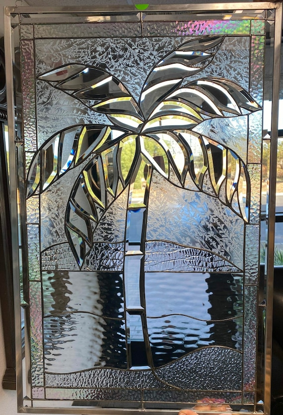 All Clear Beveled Palm Tree Stained Glass Window Panel Clear | Etsy