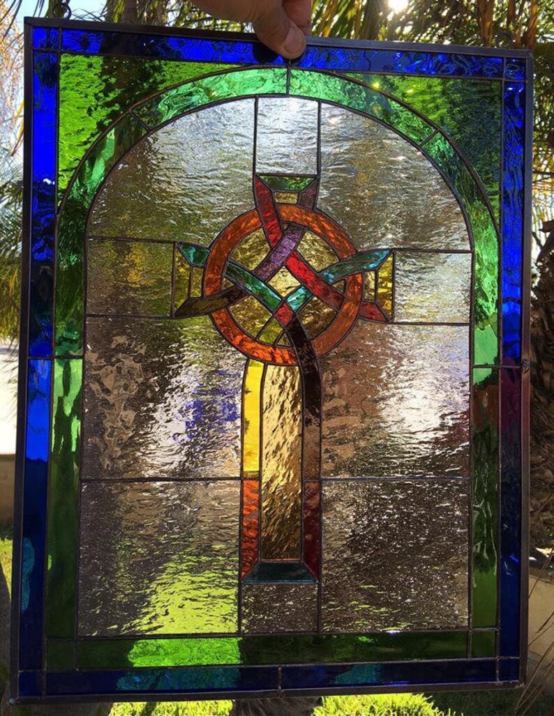 Colorful Gothic Cross Stained Glass Window Panel Hangings | Etsy
