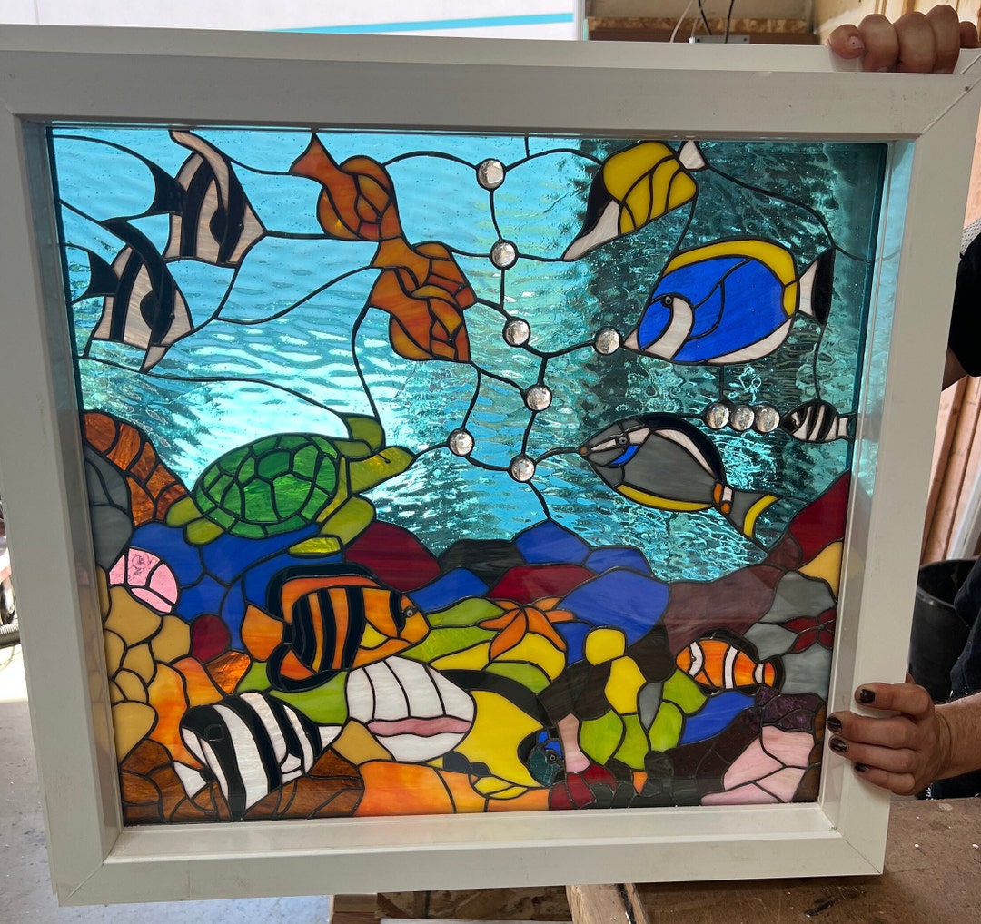 Stained Glass Amazing Coral, Fish & Turtle Window - Ready to Install ...